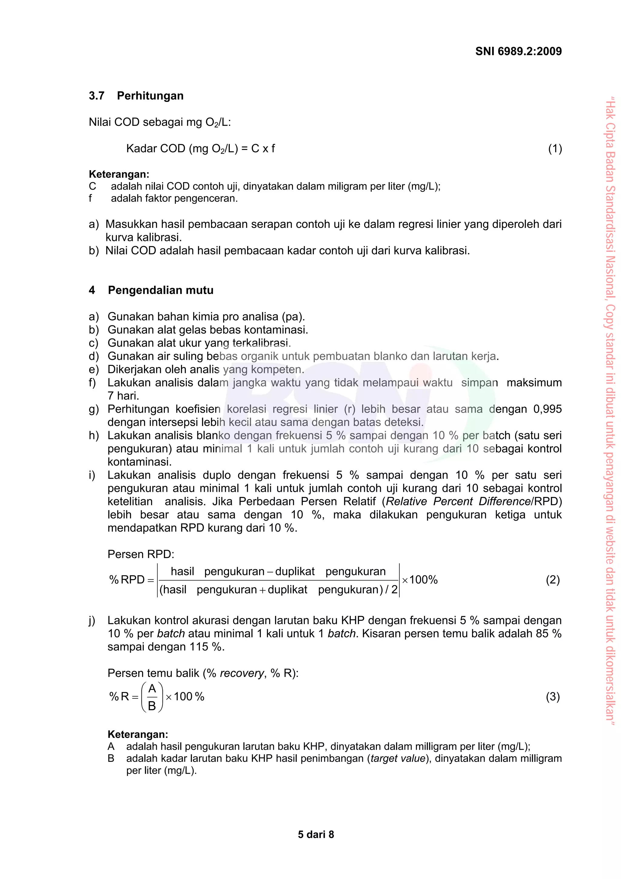SNI 6989.2:2009 tentang Air dan Air Limbah - Bagian 2: Cara Uji Kebutuhan Oksigen Kimiawi ...