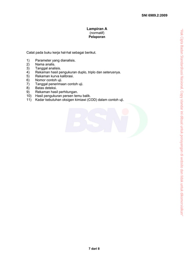 SNI 6989.2:2009 tentang Air dan Air Limbah - Bagian 2: Cara Uji Kebutuhan Oksigen Kimiawi ...
