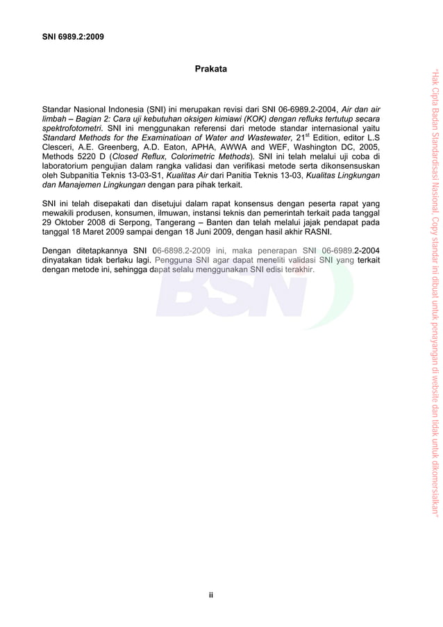 SNI 6989.2:2009 tentang Air dan Air Limbah - Bagian 2: Cara Uji Kebutuhan Oksigen Kimiawi ...