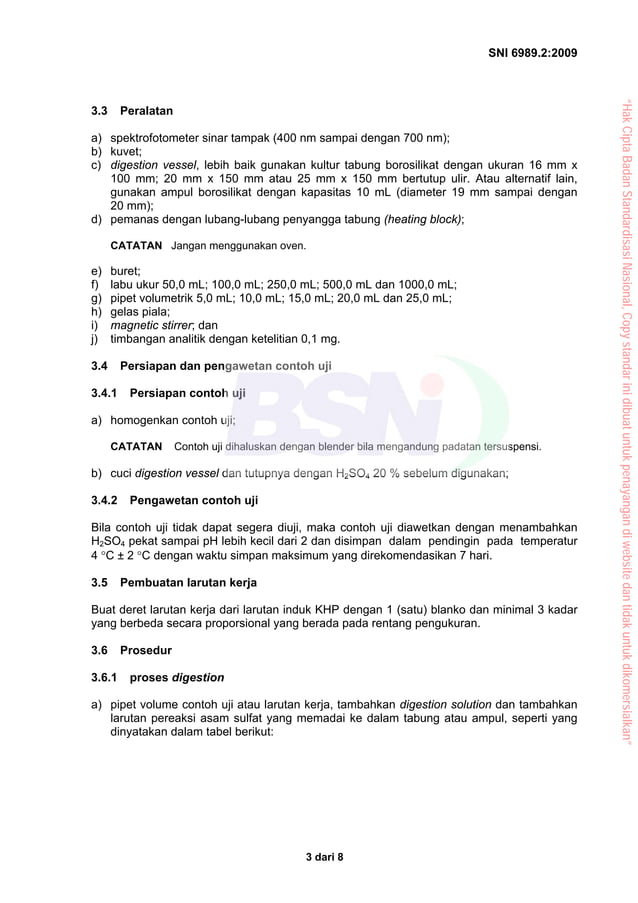 SNI 6989.2:2009 tentang Air dan Air Limbah - Bagian 2: Cara Uji Kebutuhan Oksigen Kimiawi ...