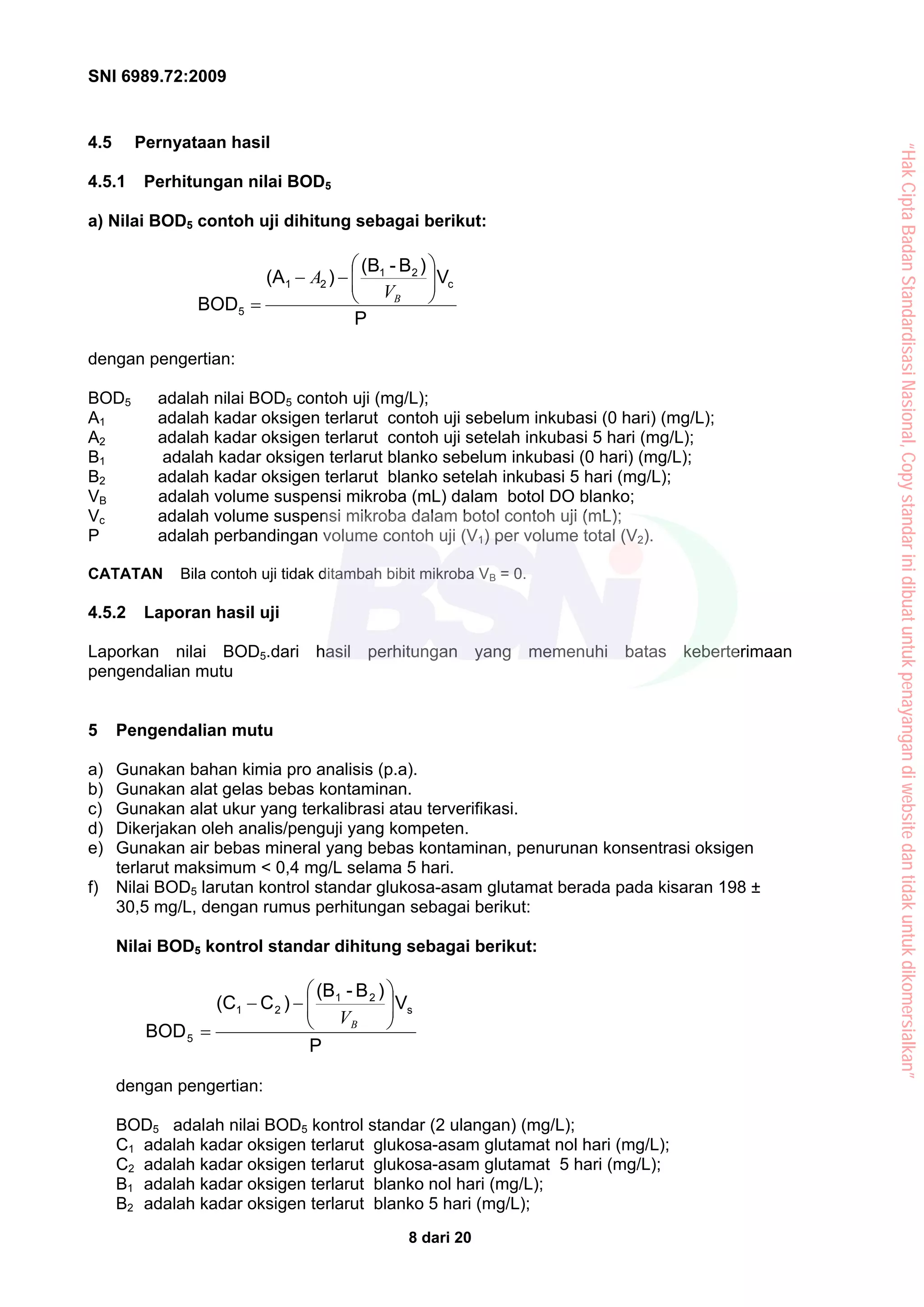 SNI 6989.72:2009 tentang Air dan Air Limbah - Bagian 72: Cara Uji Kebutuhan Oksigen Biokimia ...