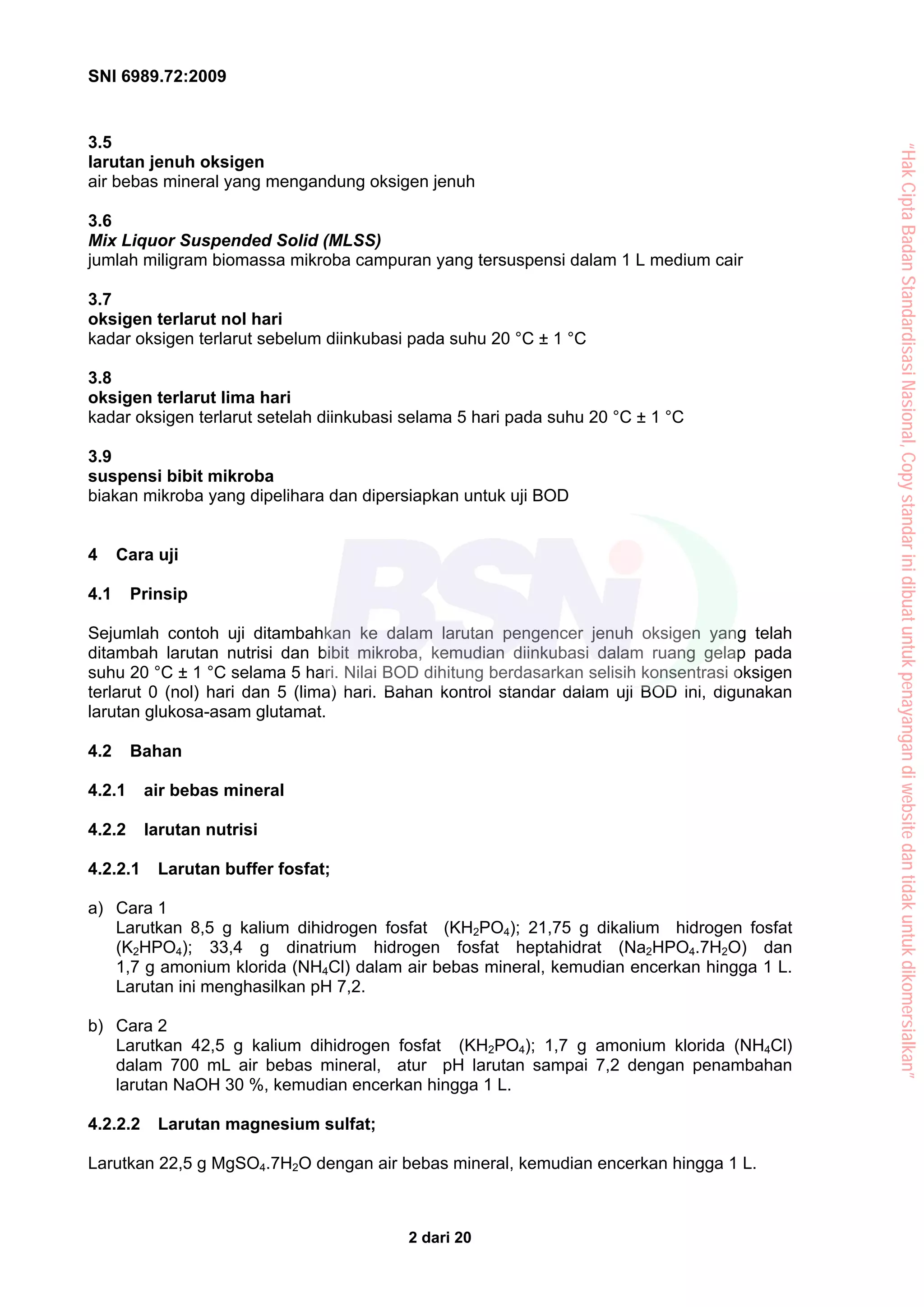 SNI 6989.72:2009 tentang Air dan Air Limbah - Bagian 72: Cara Uji Kebutuhan Oksigen Biokimia ...