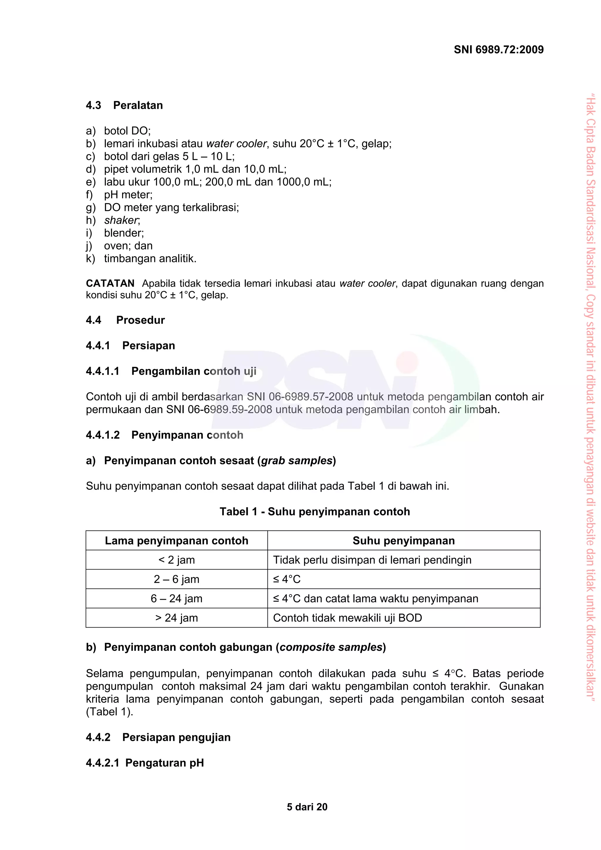 SNI 6989.72:2009 tentang Air dan Air Limbah - Bagian 72: Cara Uji Kebutuhan Oksigen Biokimia ...