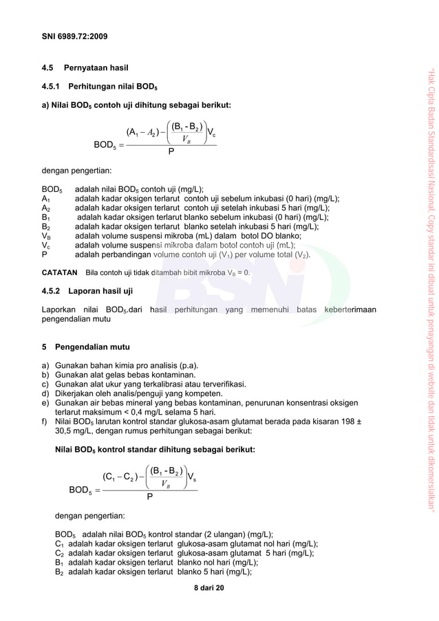 SNI 6989.72:2009 tentang Air dan Air Limbah - Bagian 72: Cara Uji Kebutuhan Oksigen Biokimia ...