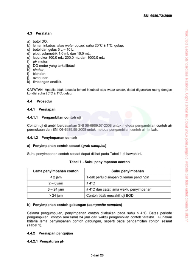 SNI 6989.72:2009 tentang Air dan Air Limbah - Bagian 72: Cara Uji Kebutuhan Oksigen Biokimia ...