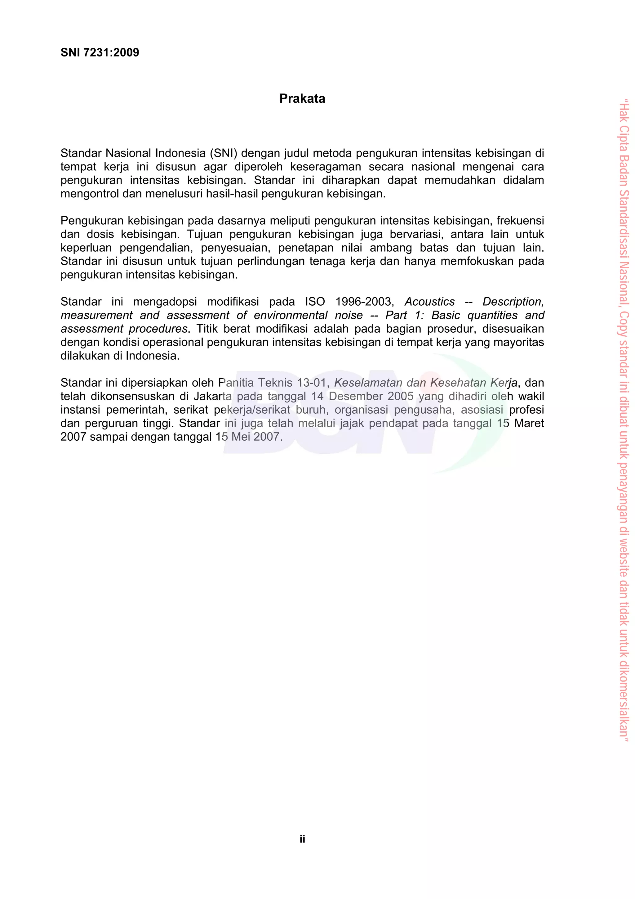 SNI 7231:2009 tentang Metoda Pengukuran Intensitas Kebisingan di Tempat Kerja | PDF