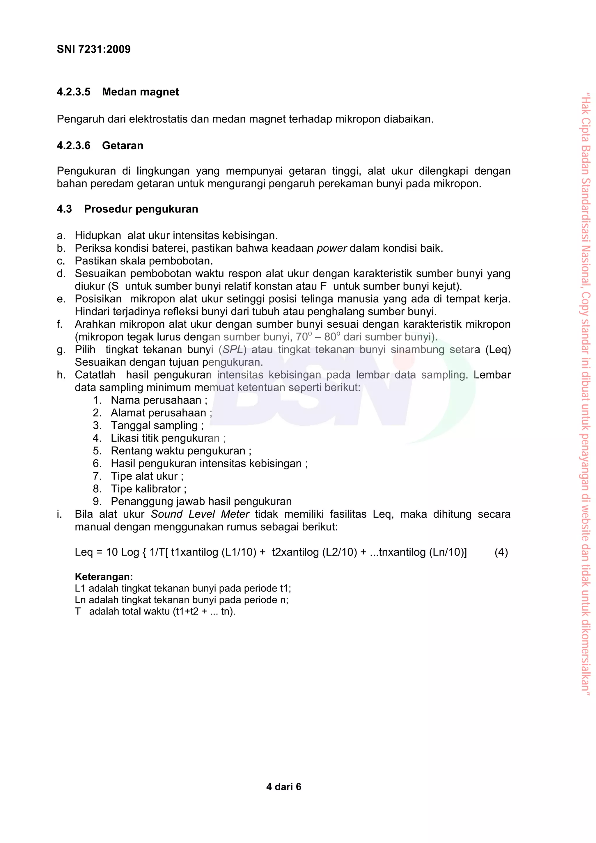SNI 7231:2009 tentang Metoda Pengukuran Intensitas Kebisingan di Tempat Kerja | PDF