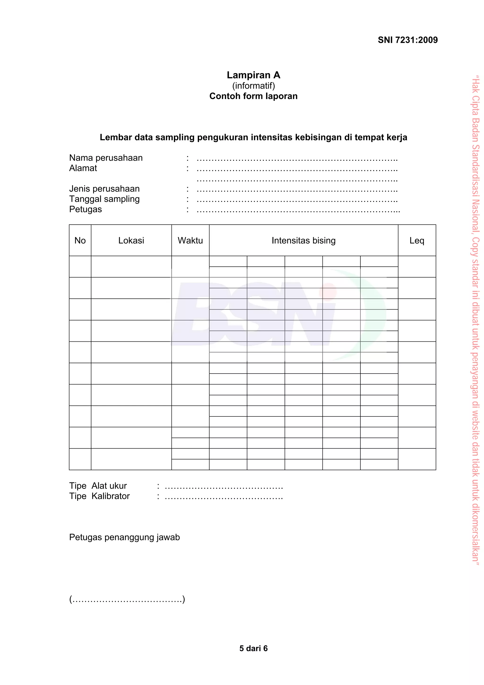 SNI 7231:2009 tentang Metoda Pengukuran Intensitas Kebisingan di Tempat Kerja | PDF
