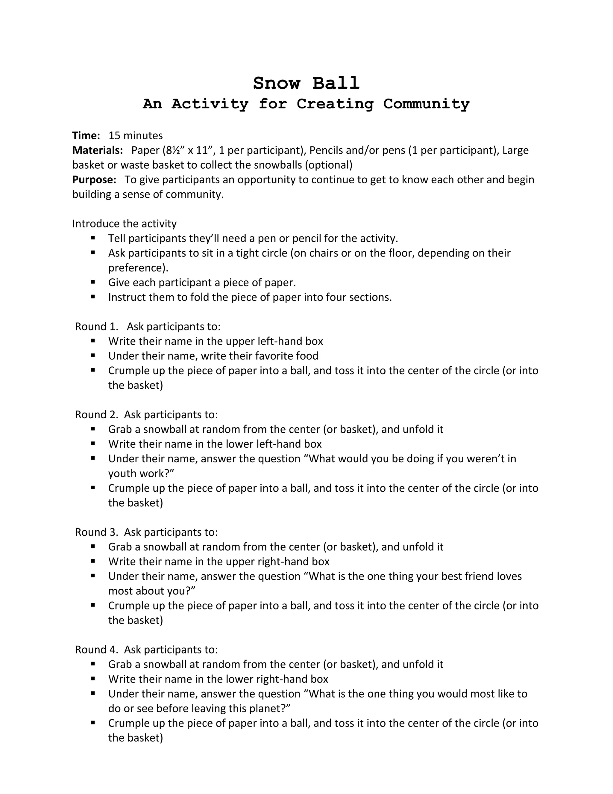 Snowball icebreaker | DOCX