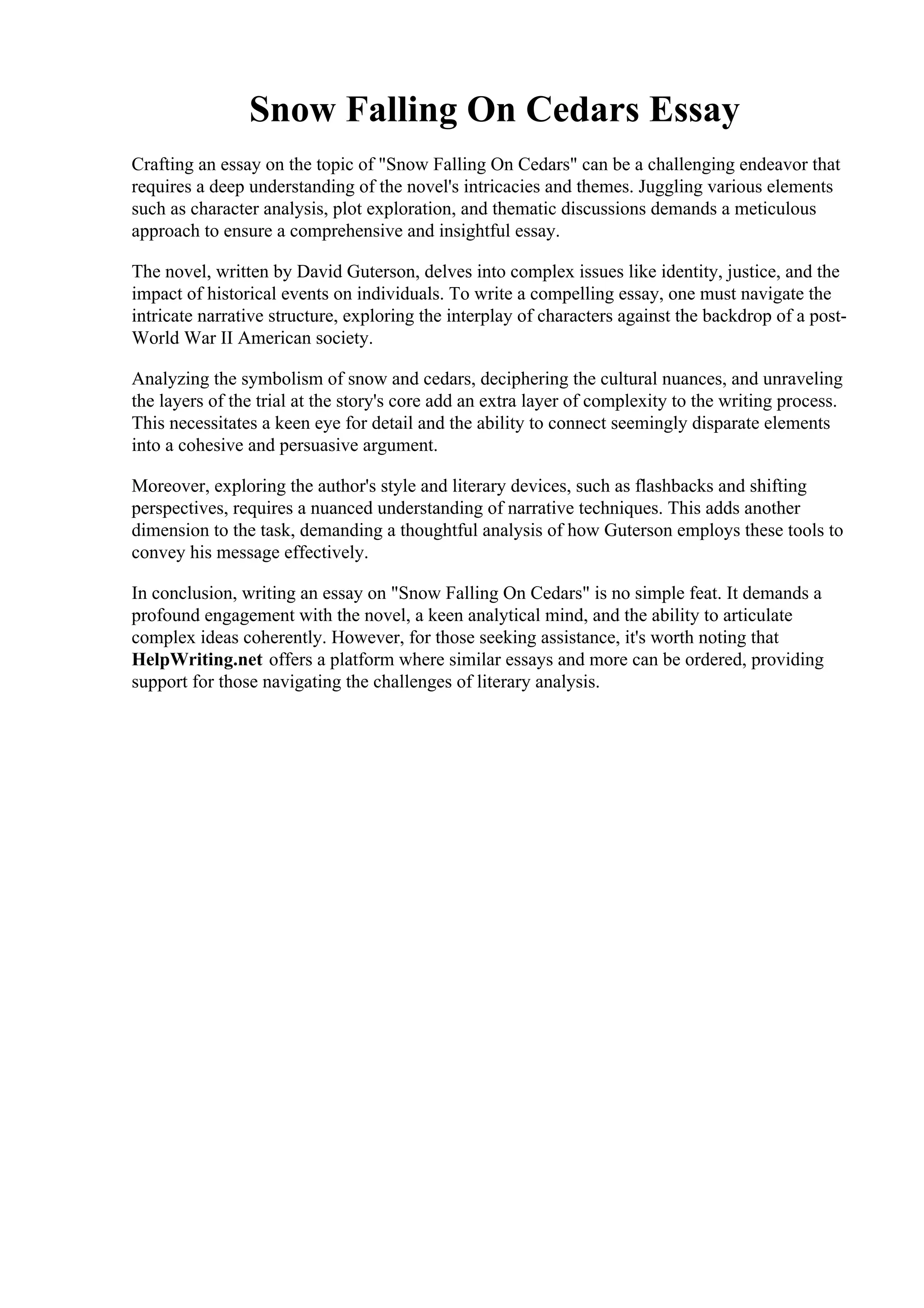 Snow Falling On Cedars Essay. Snow Falling on Cedars Unit, Question ...