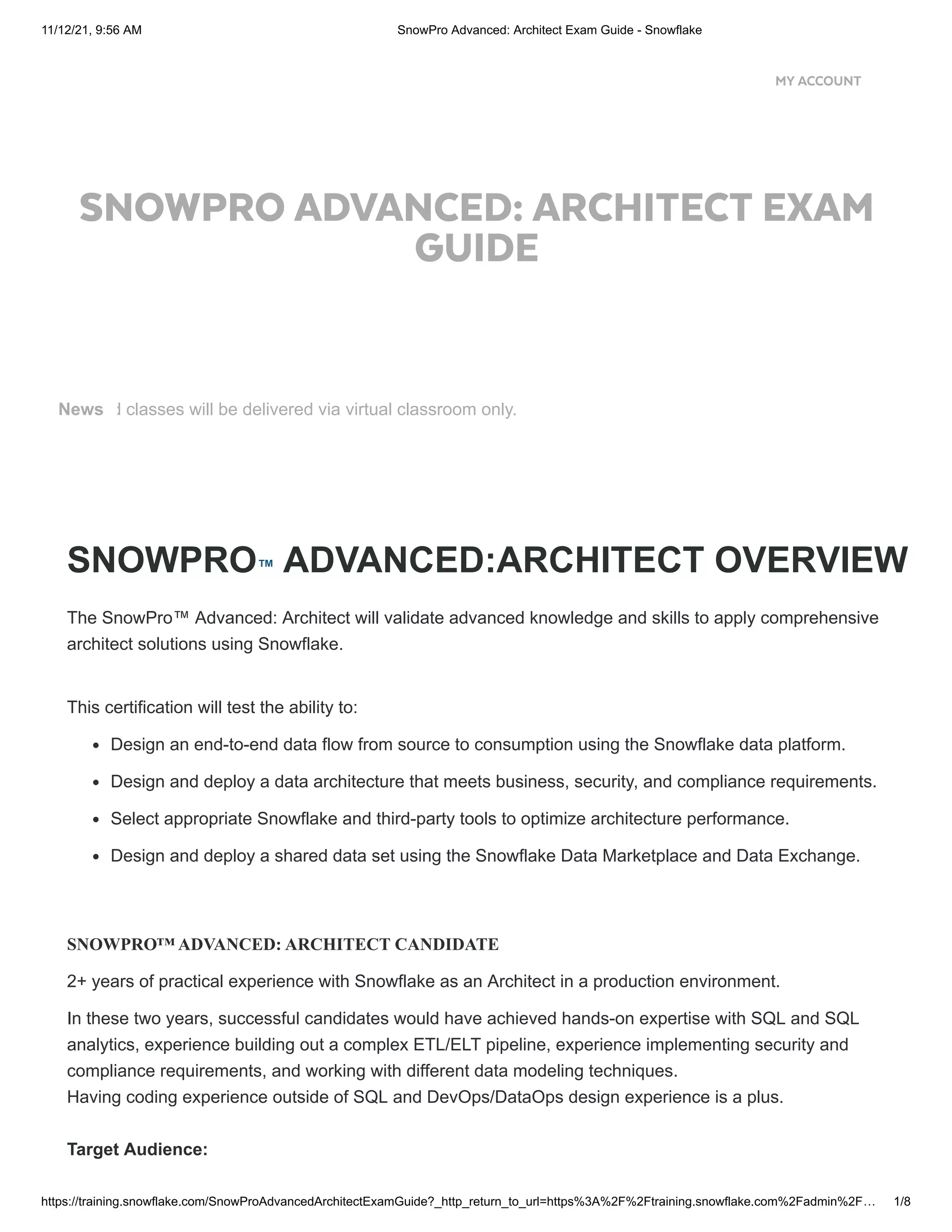 Snow pro advanced architect exam guide - snowflake | PDF