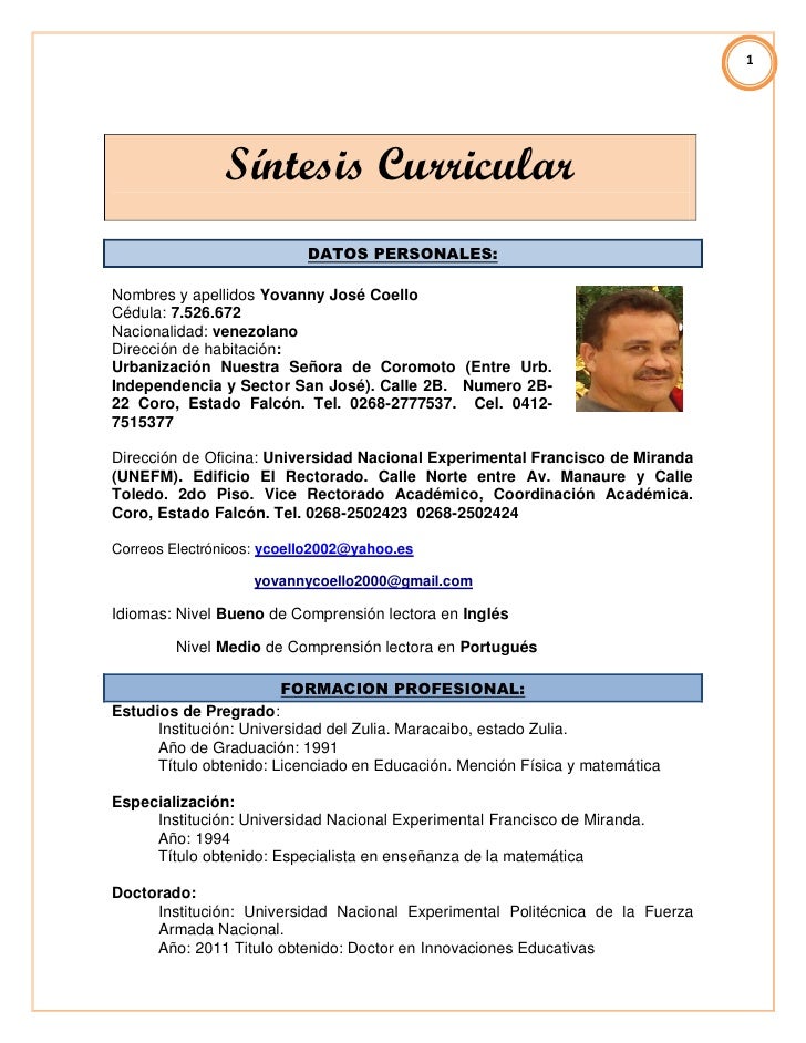 Síntesis curricular Yovanny Coello