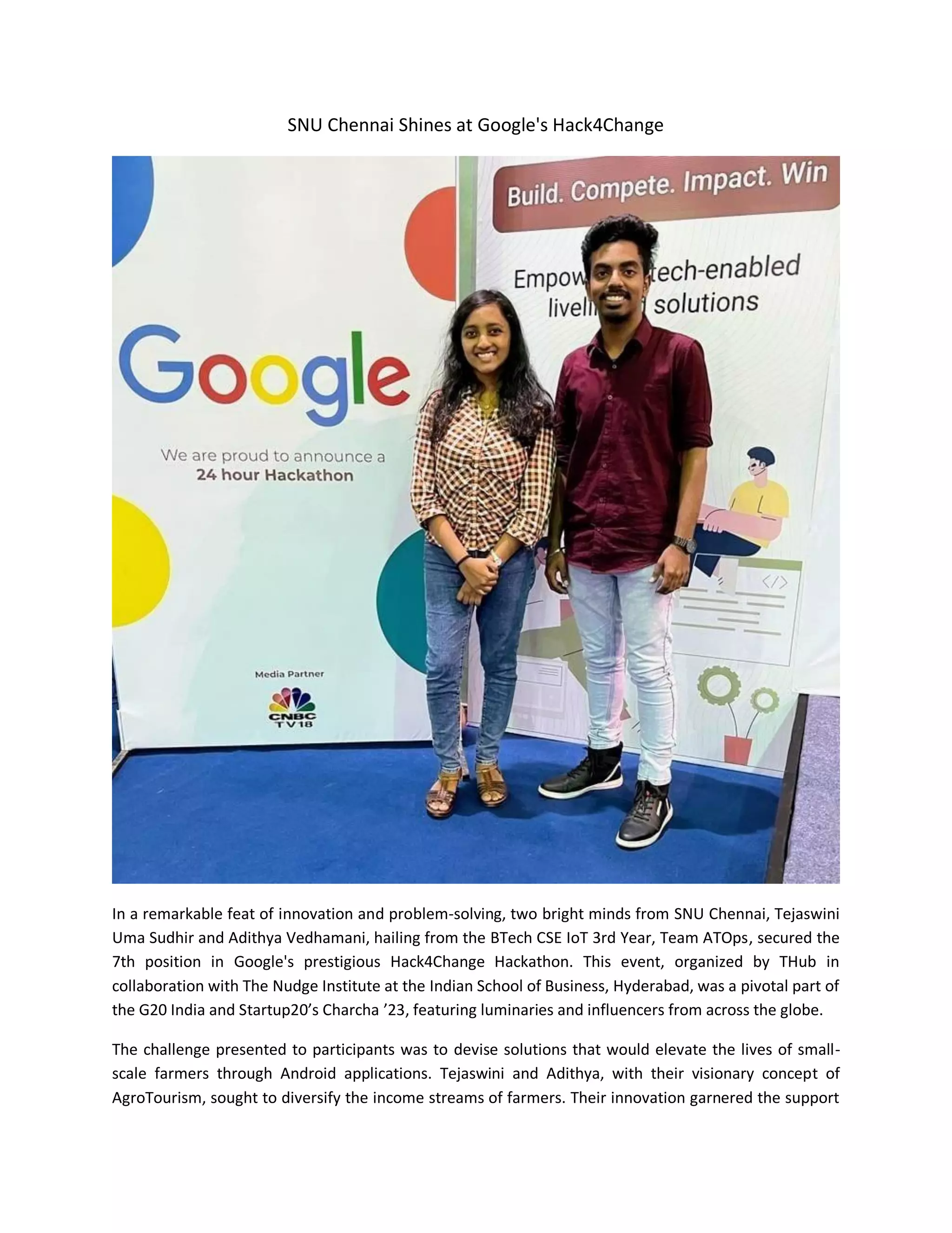 SNU Chennai Shines at Google’s Hack4Change | PDF