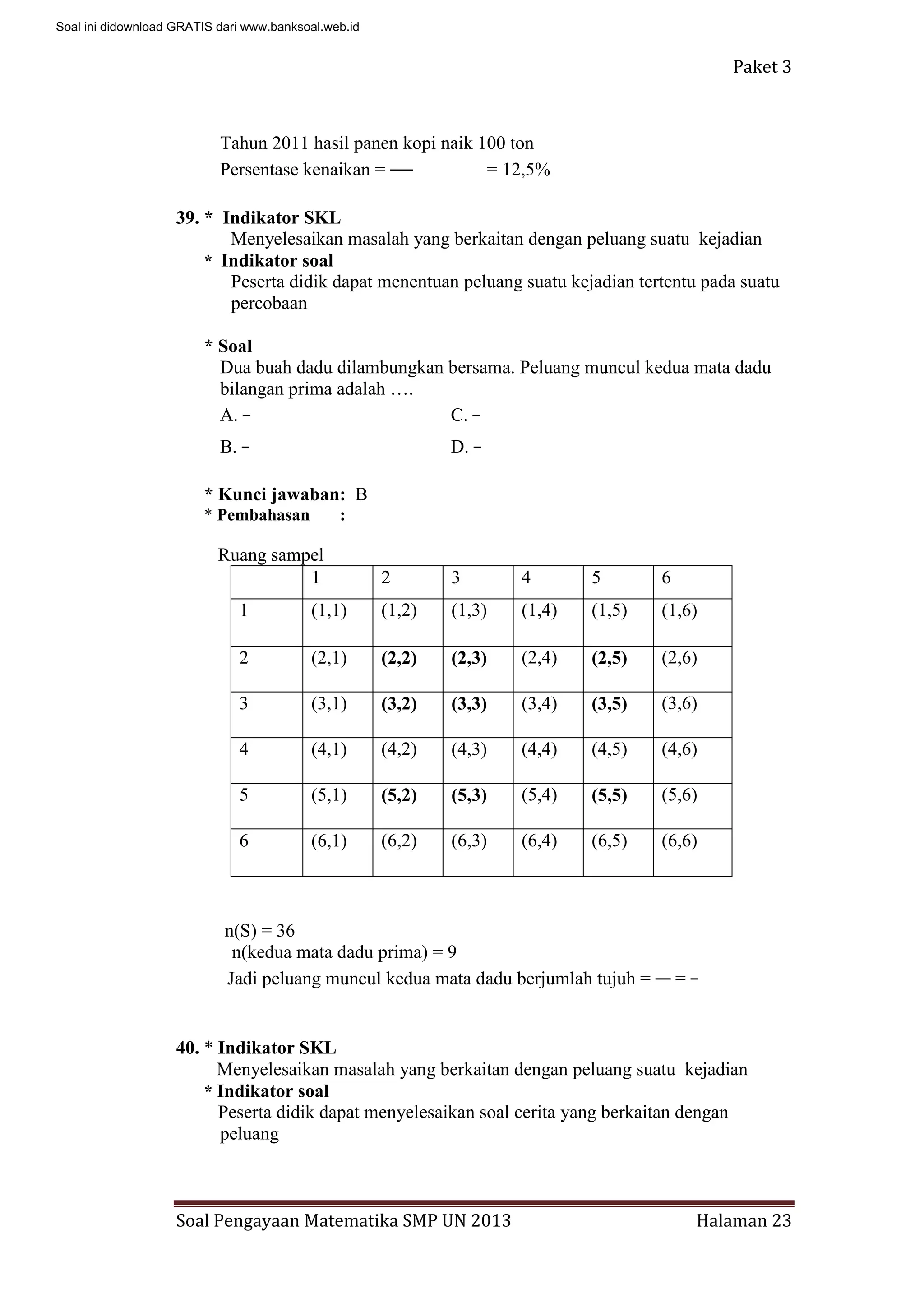 Soal dan pembahasan ujian nasional matematika Smp | PDF