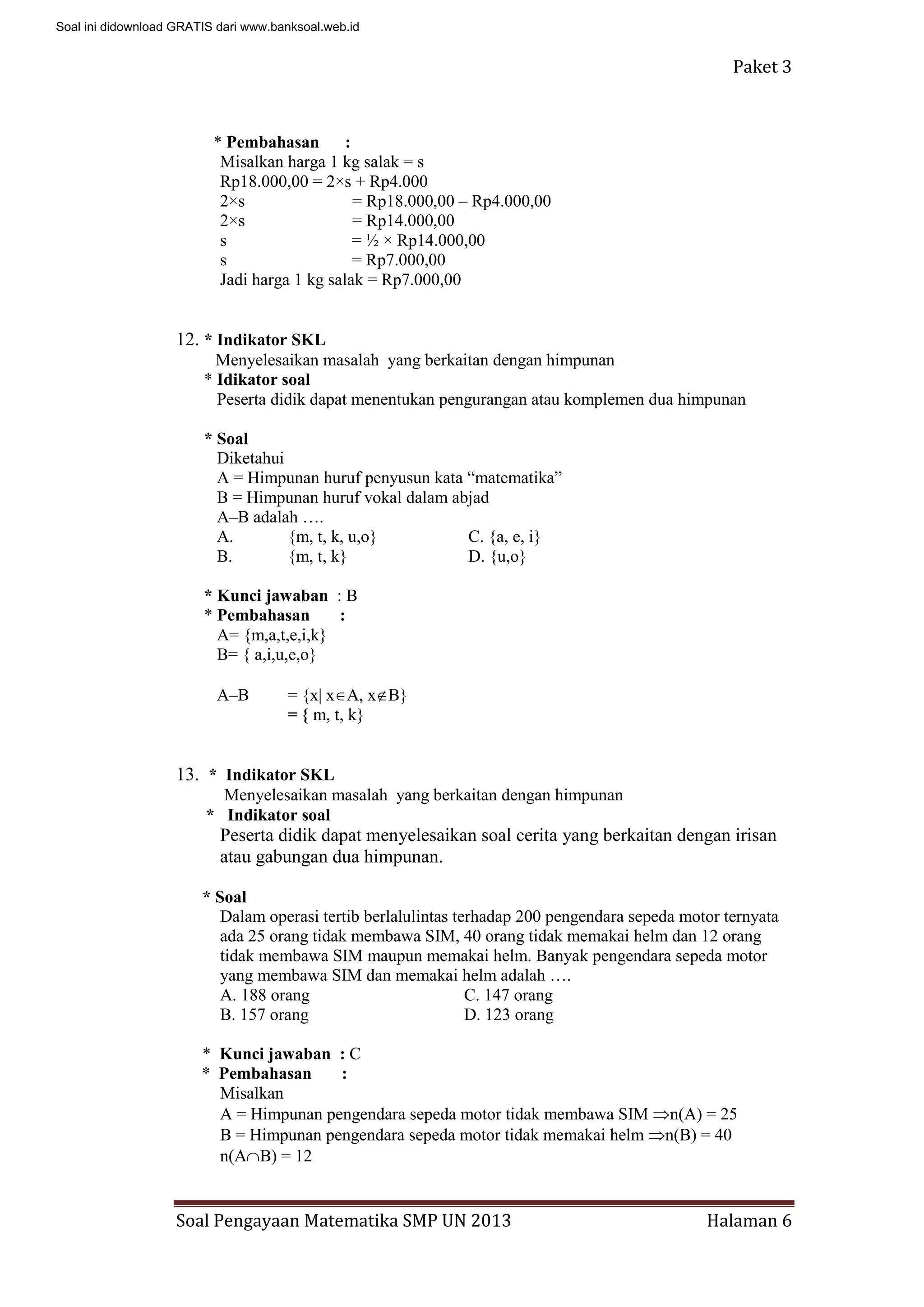 Soal dan pembahasan ujian nasional matematika Smp | PDF