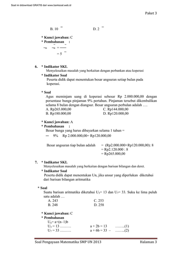 Soal dan pembahasan ujian nasional matematika Smp | PDF