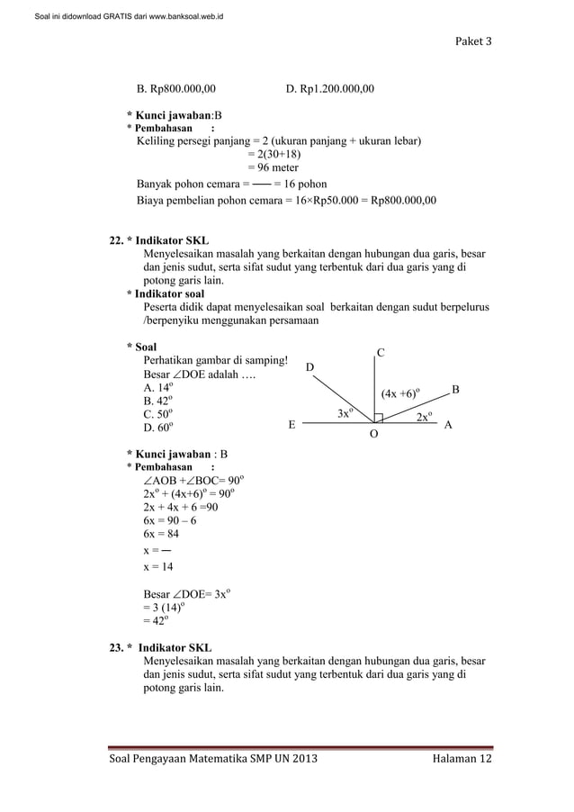 Soal dan pembahasan ujian nasional matematika smp 2013 paket 3 | PDF