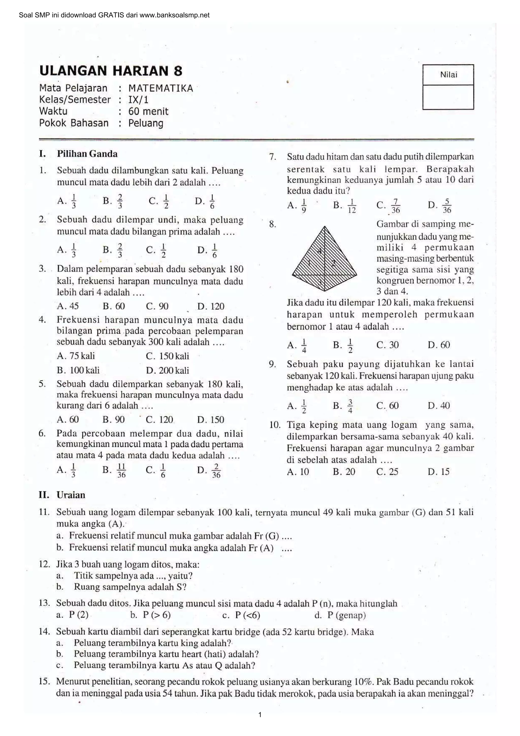 Soal ix smp matematika semester i - ulangan harian 8 peluang | PDF