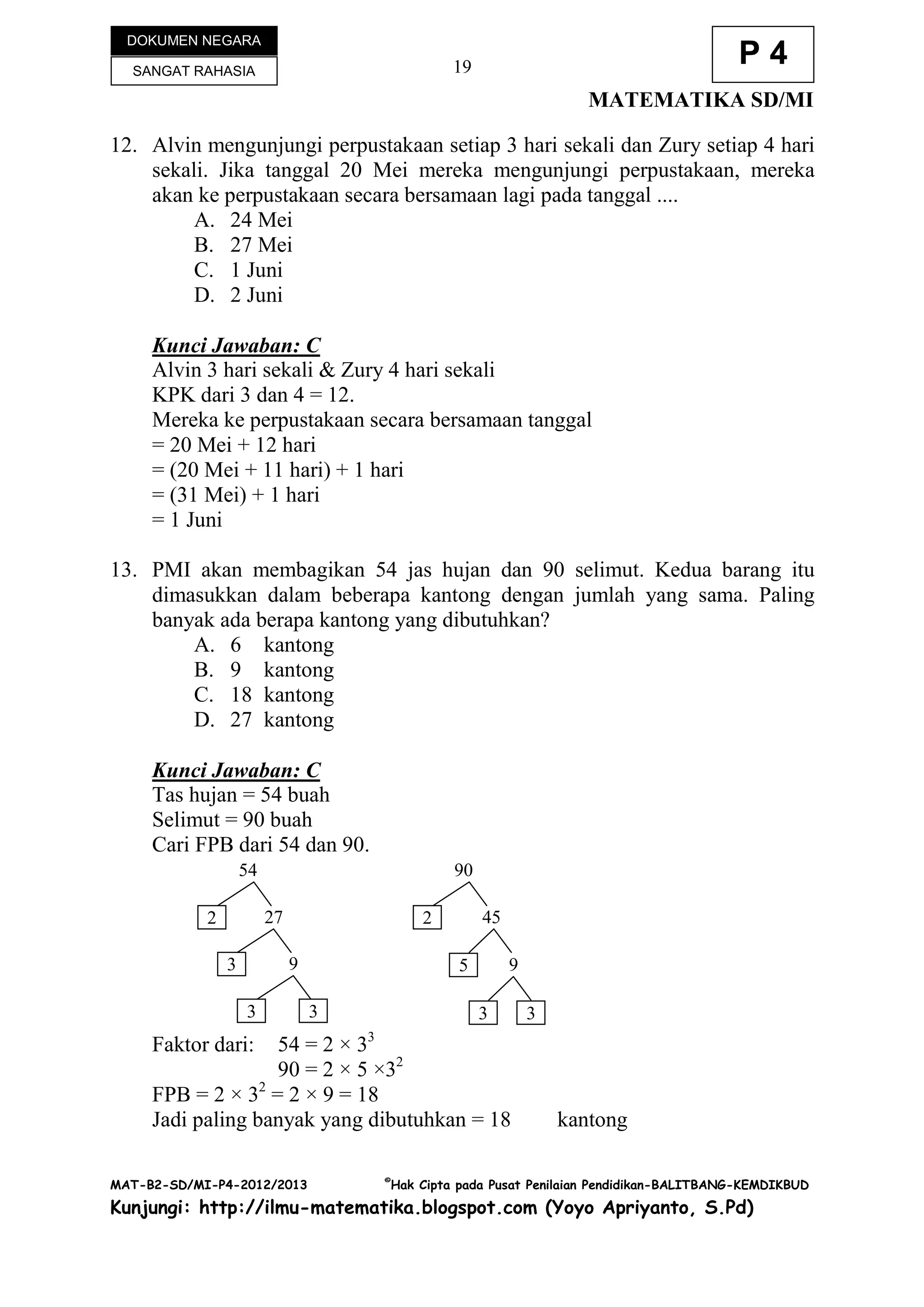 Soal un dan kunci jawaban matematika sd 2012 2013 | PDF