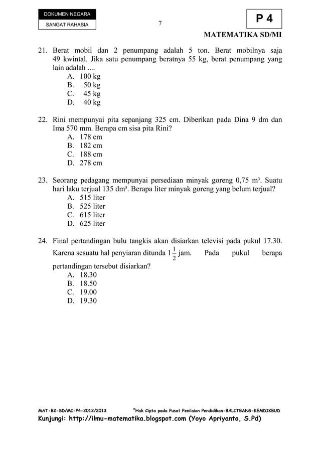 Soal un dan kunci jawaban matematika sd 2012 2013 | PDF