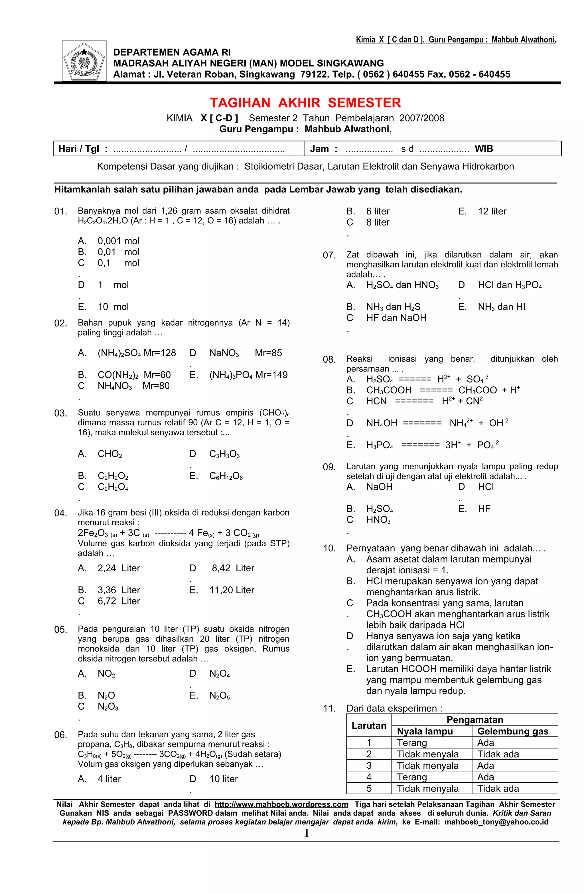 Soal kimia-x-dan-kunci-jawaban | DOC