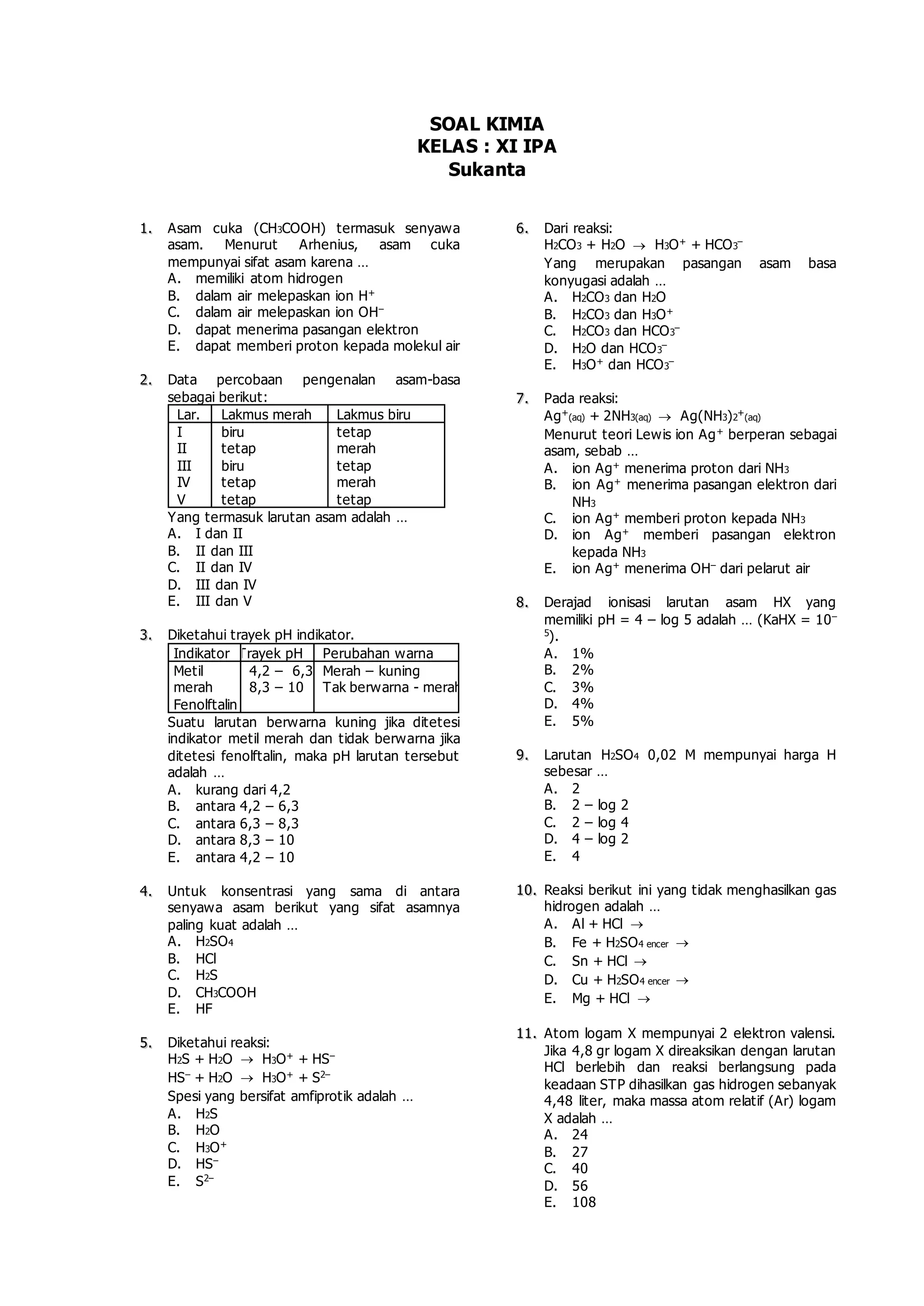 Soal kimia-xi 1 | PDF