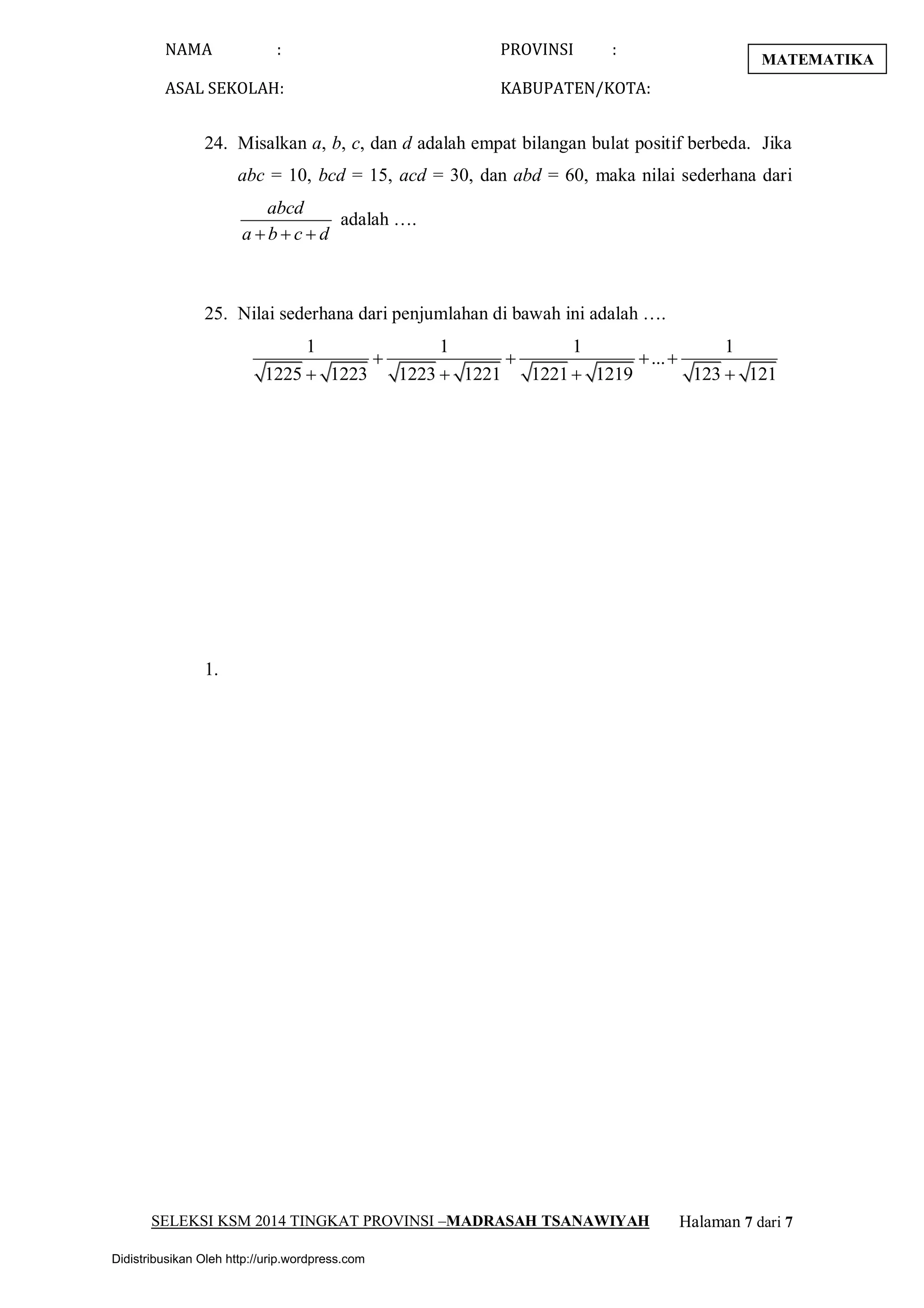 Soal ksm-matematika-mts-tingkat-provinsi-2014 | PDF