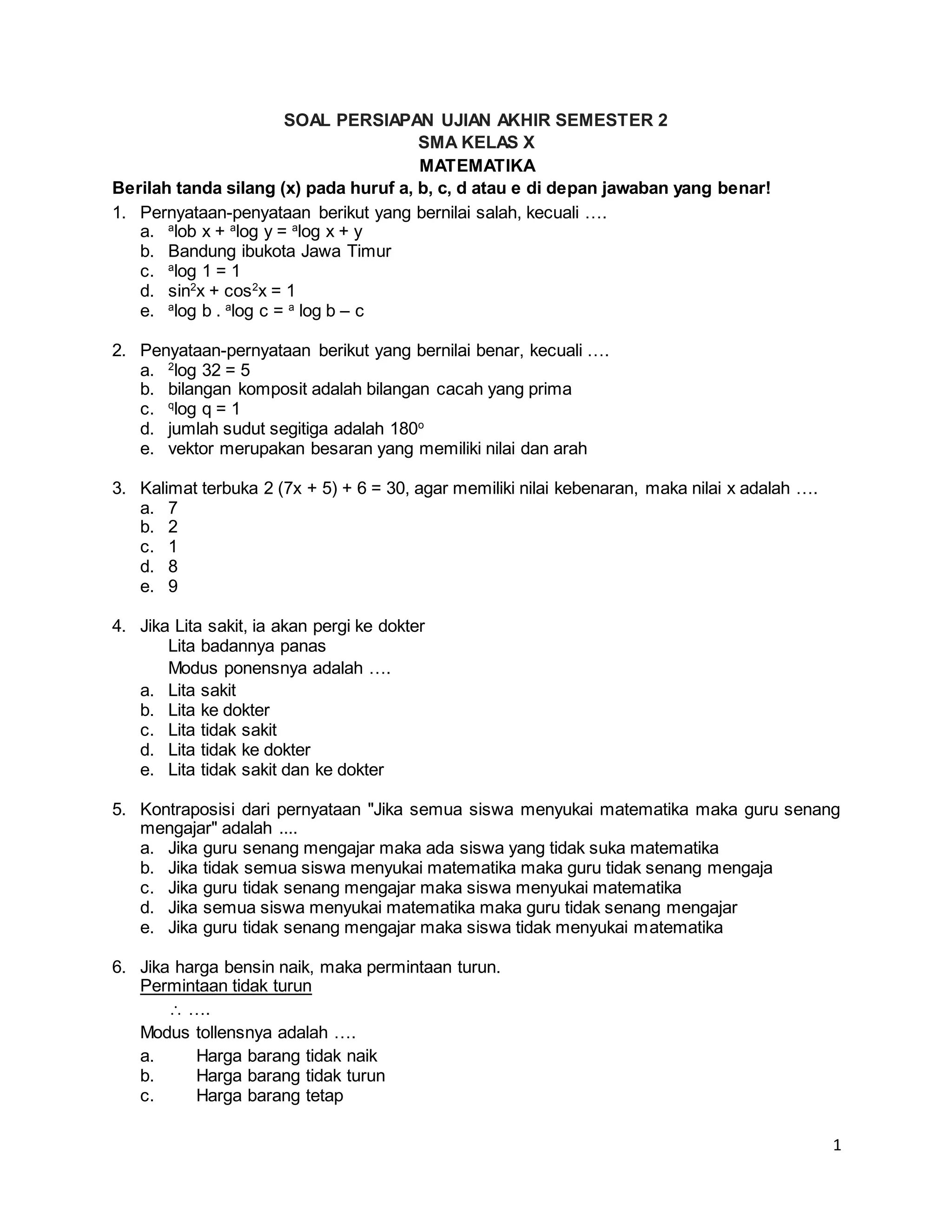 Soal matematika-kelas-x-sma-persiapan-ujian-akhir-semester-2 | PDF