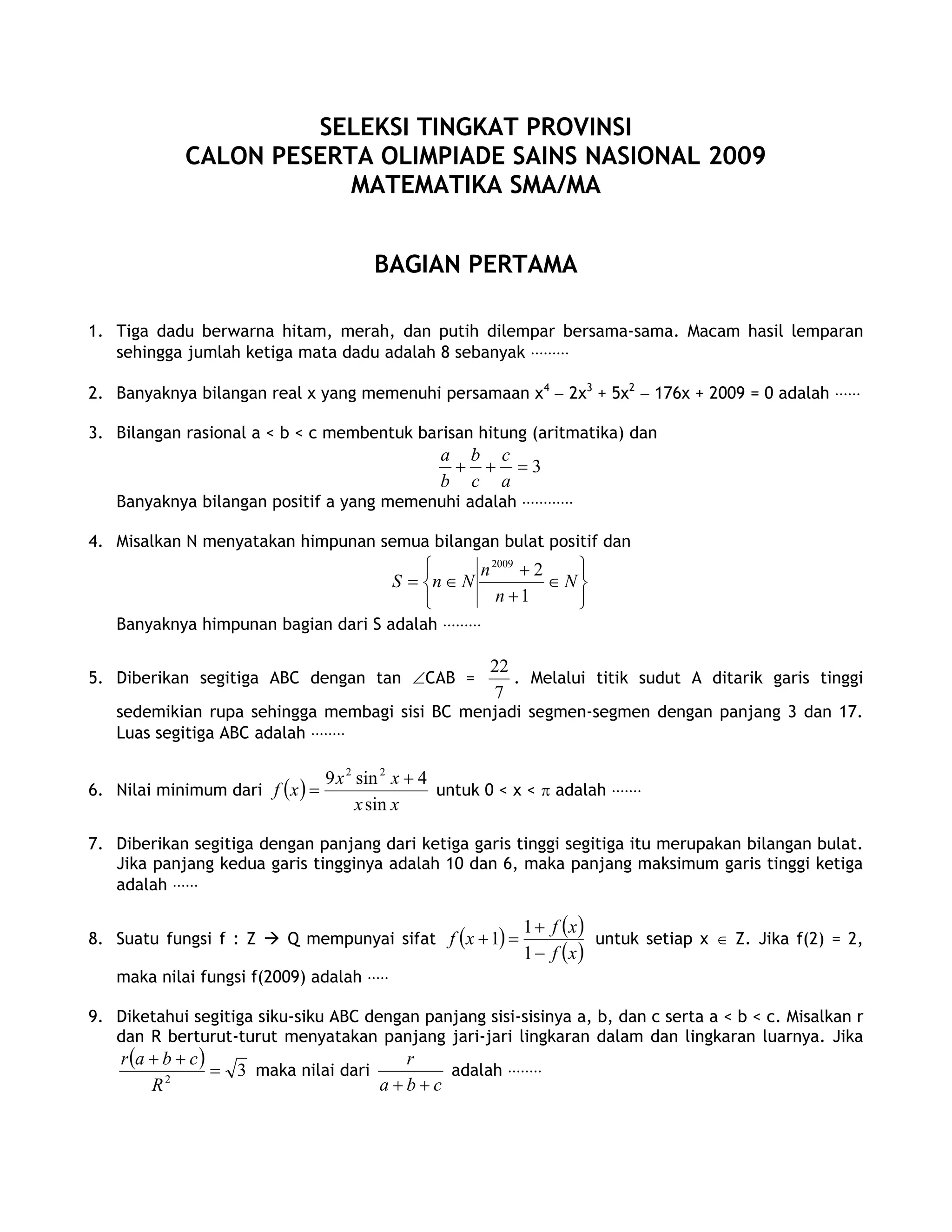 Soal olimpiade-matematika-tk-provinsi-2009 | PDF
