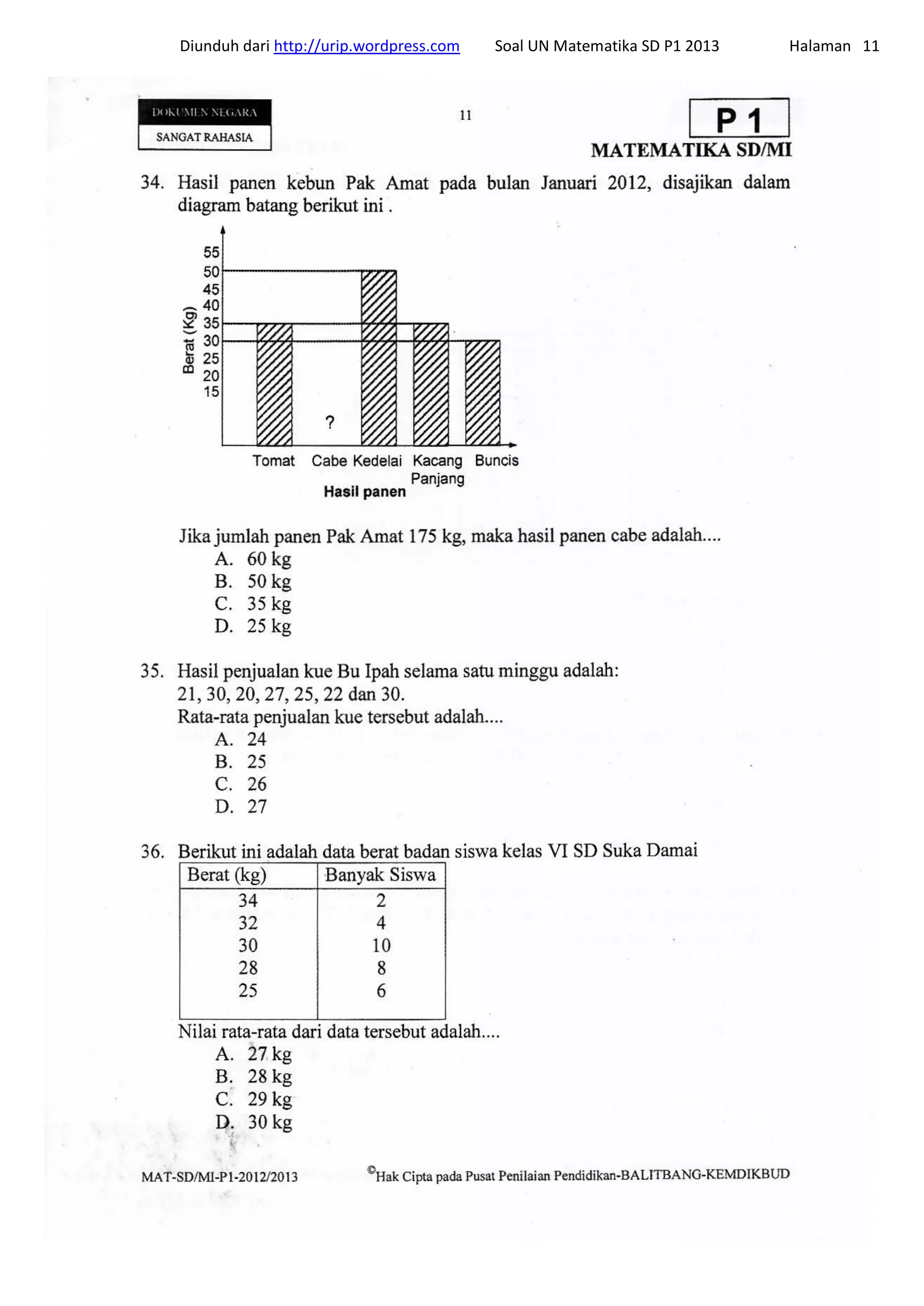 Soal un-matematika-sd-p1-2013 | PDF