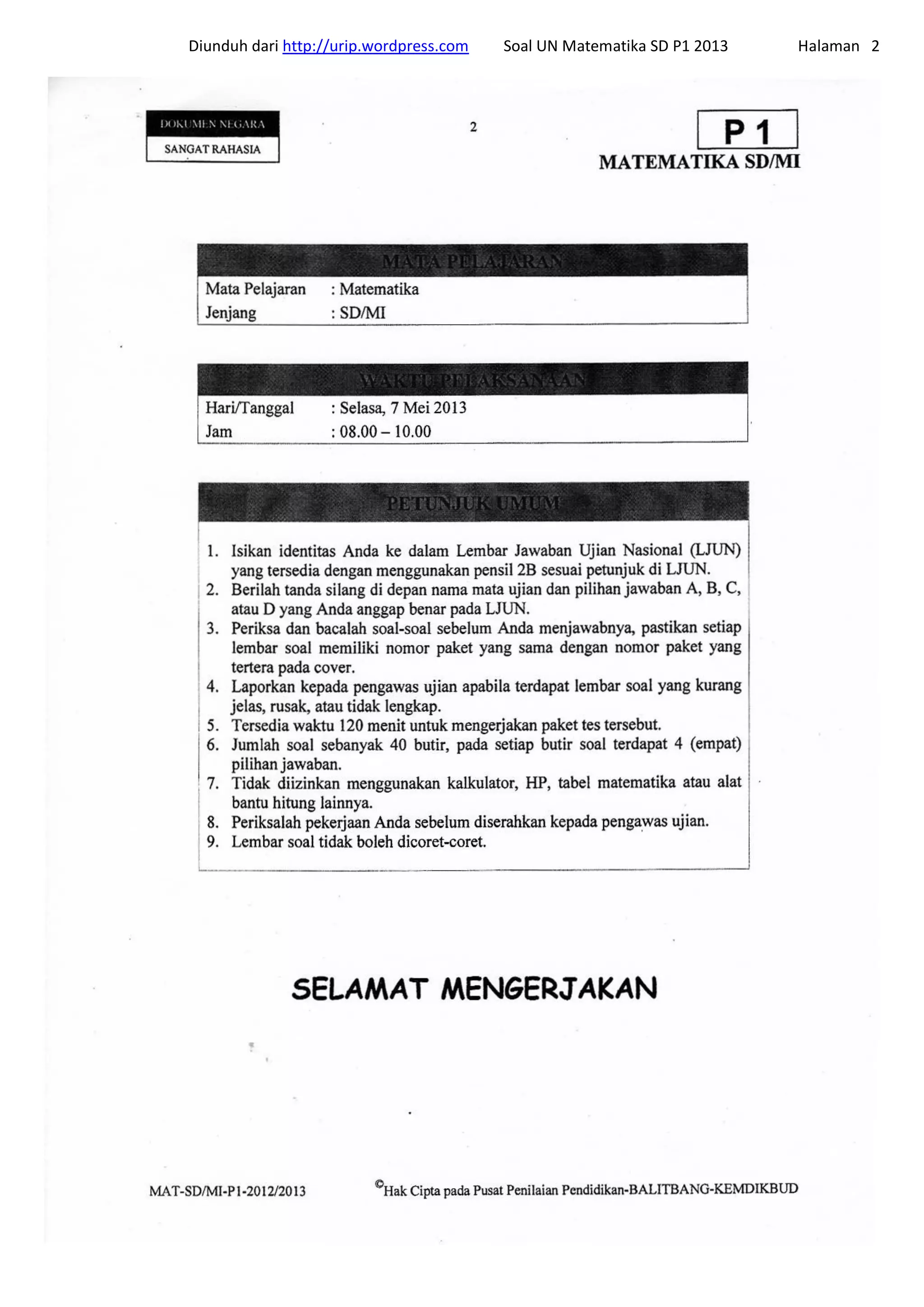 Soal un-matematika-sd-p1-2013 | PDF