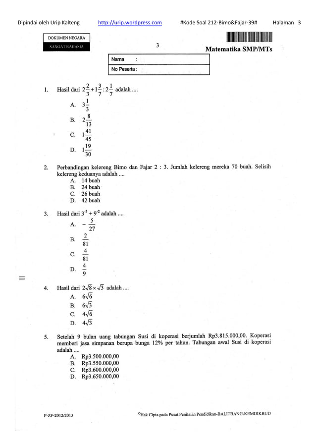 Soal un-matematika-smp-22-312-bimo-fajar-39-283 | PDF
