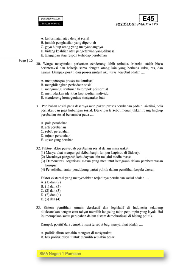 Soal UN Sosiologi Tipe E45 Tahun 2012 | PDF