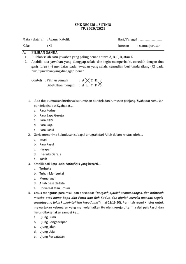 Soal agama katolik kelas xi | DOCX