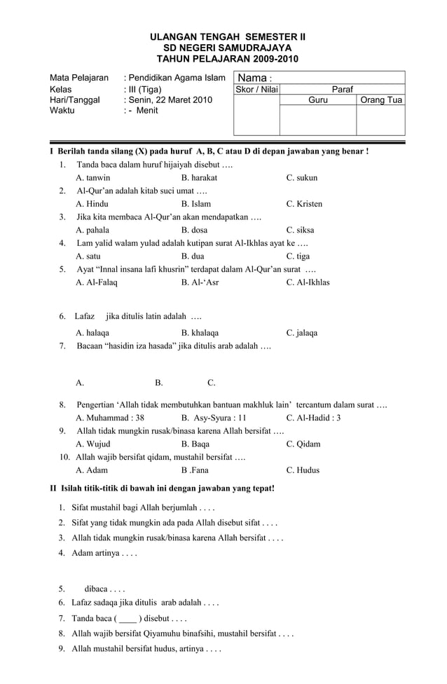 Soal agama kelas iii uts mid semester ii 09-10 | PDF