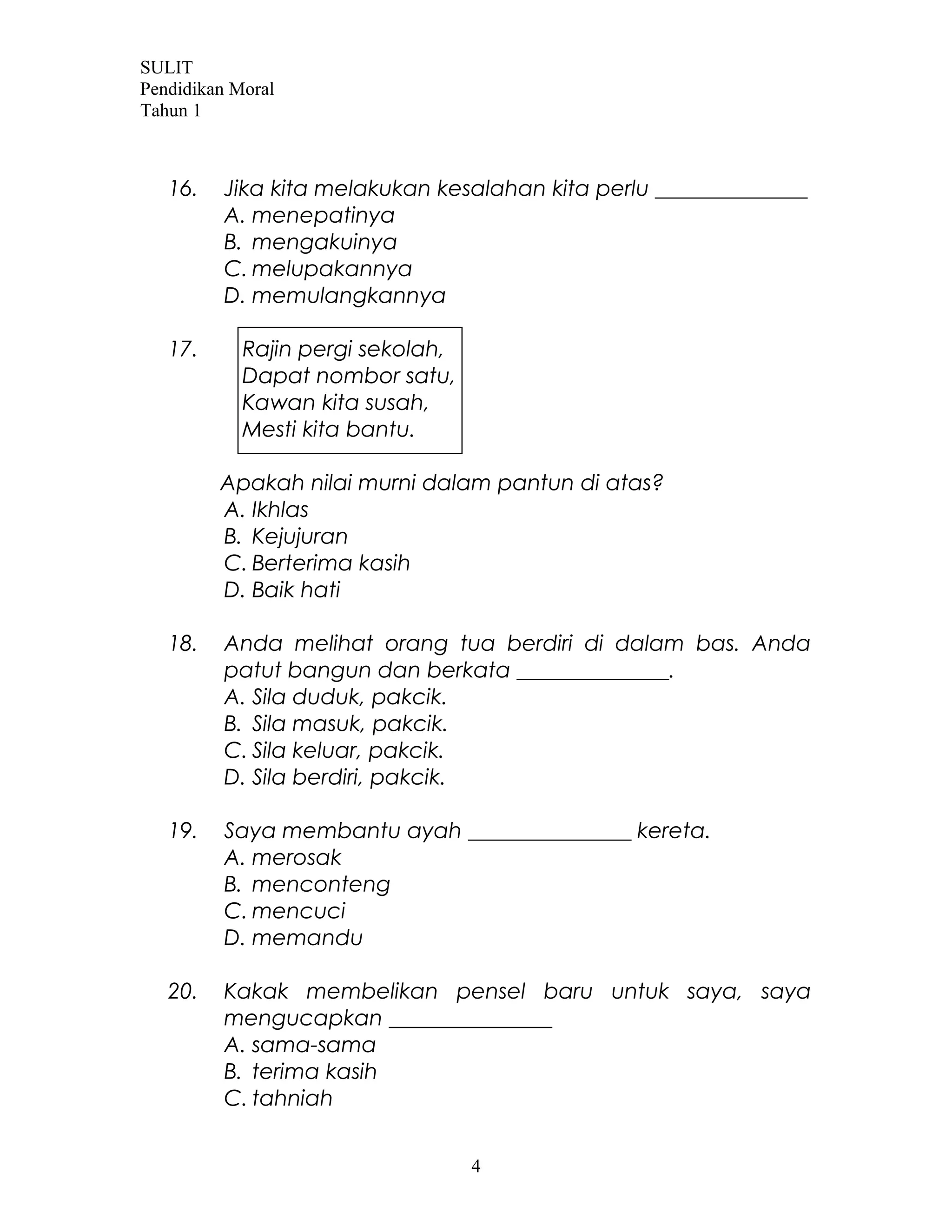 Soalan pendidikan moral tahun 1 | DOC
