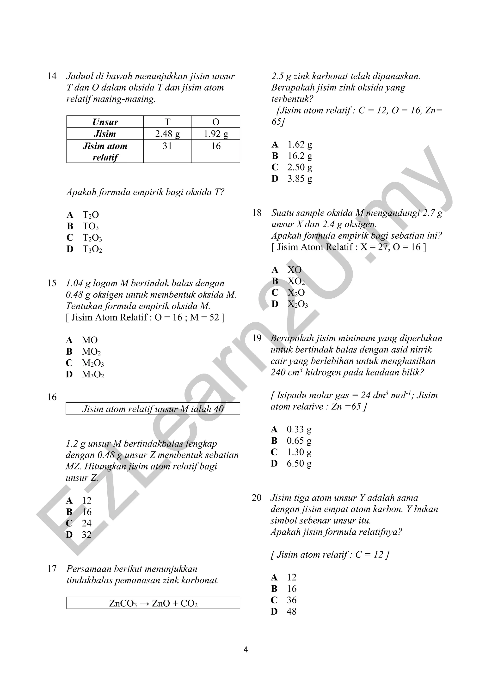 Soalan tubi-f4-kimia-bab-3-formula-persamaan-kimia | PDF