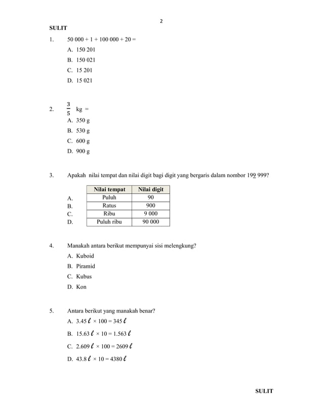 Soalan akhir tahun tahun 5 - matematik kertas 1 - 2015 | PDF