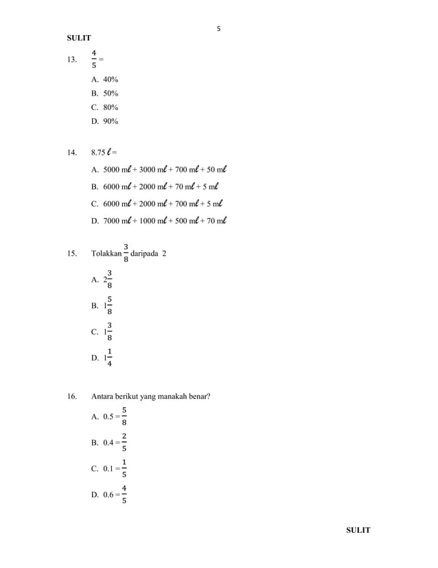 Soalan akhir tahun tahun 5 - matematik kertas 1 - 2015 | PDF