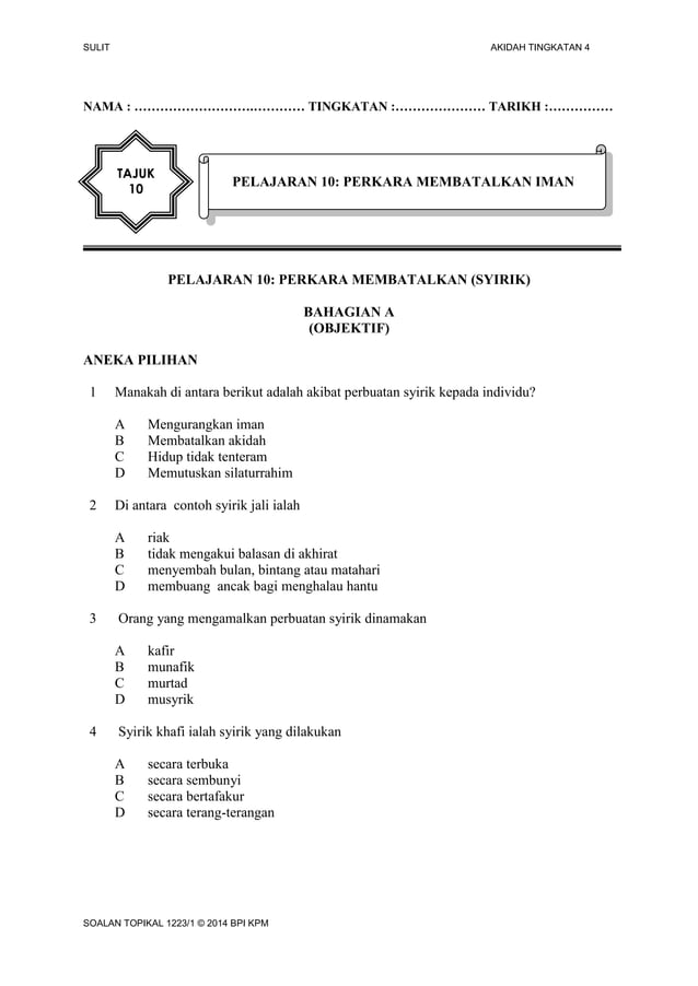 Pendidikan Islam Soalan akidah k1 t4 syirik | PDF