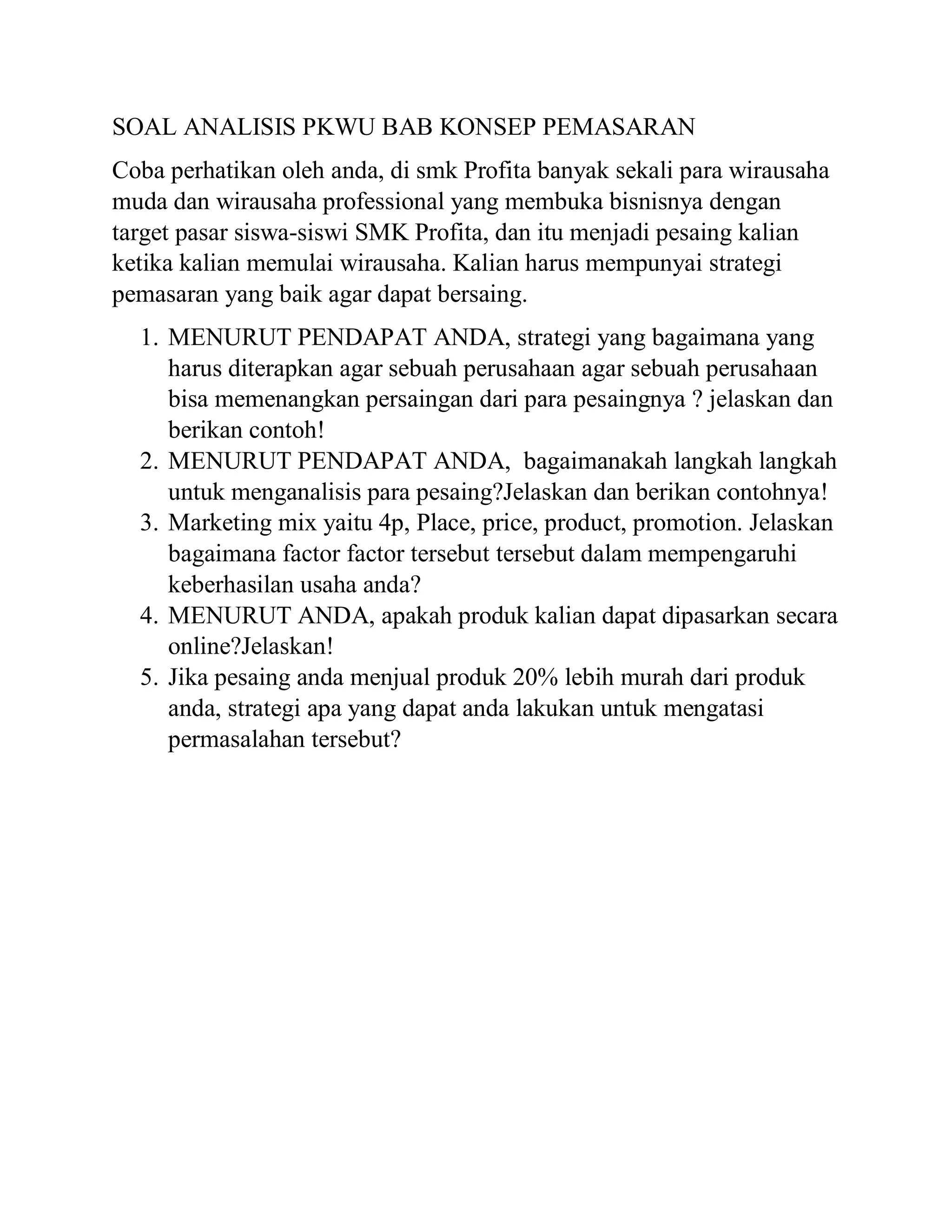 Soal analisis pkwu bab konsep pemasaran | PDF