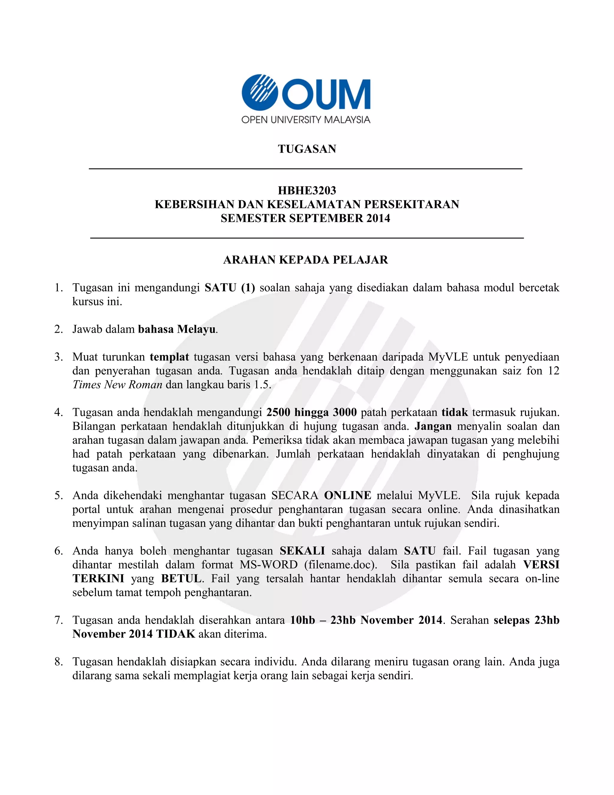 Soalan asgnmt hbhe 3203 kebersihan dan keselamatan persekitaran | PDF