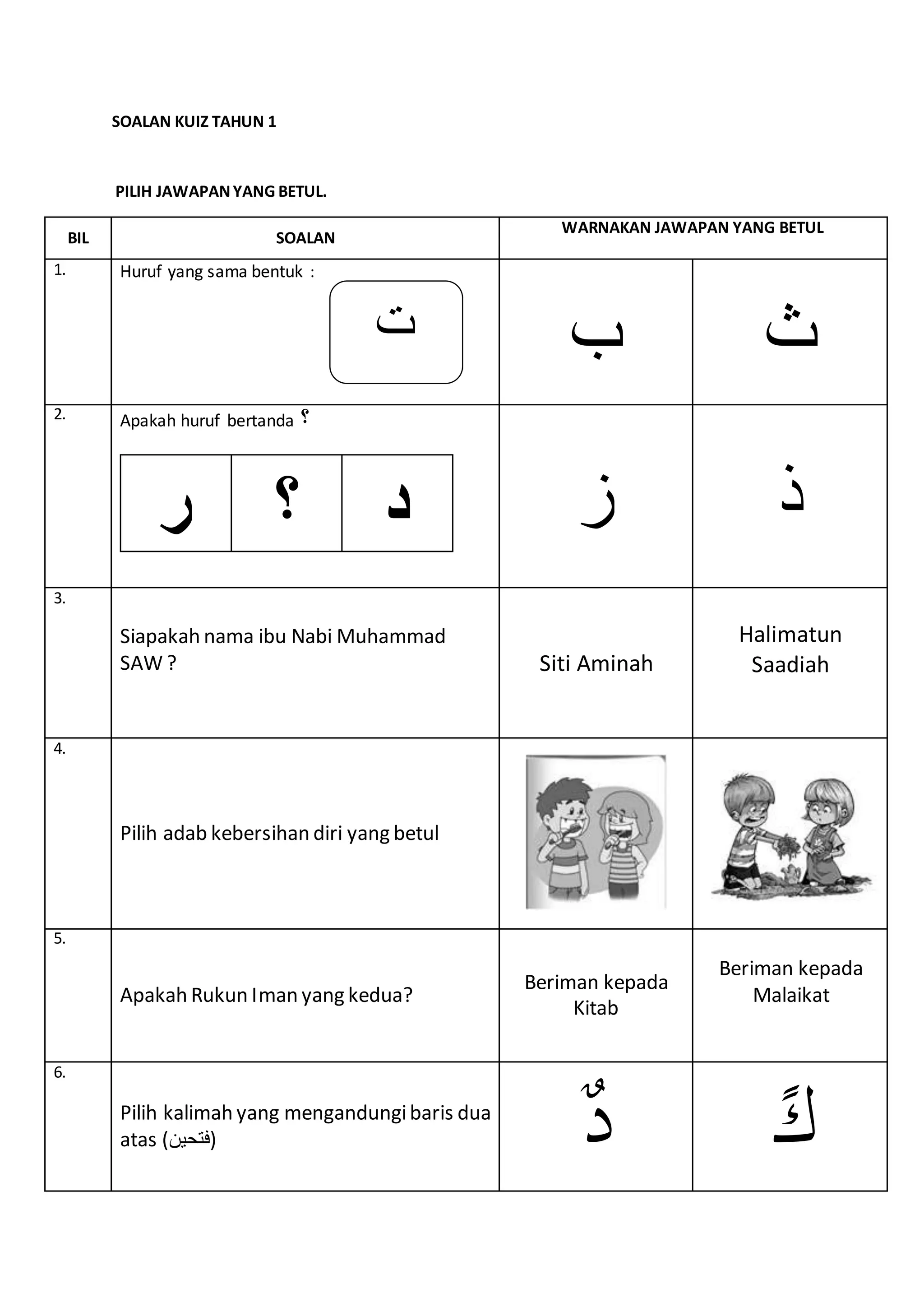 Soalan kuiz pendidikan Islam tahun 1 | DOCX
