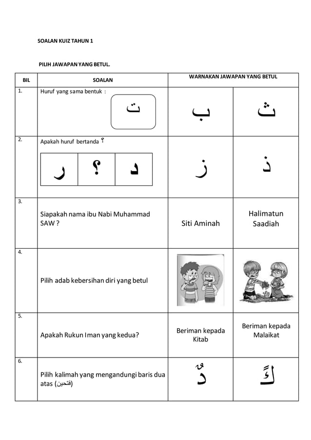 Soalan kuiz pendidikan Islam tahun 1 | DOCX