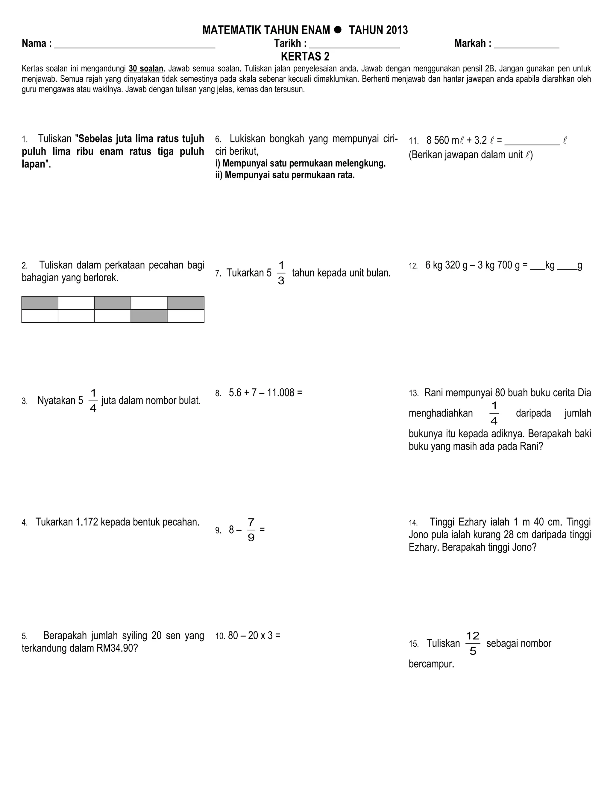 Soalan latihtubi matematik tahun enam | DOC