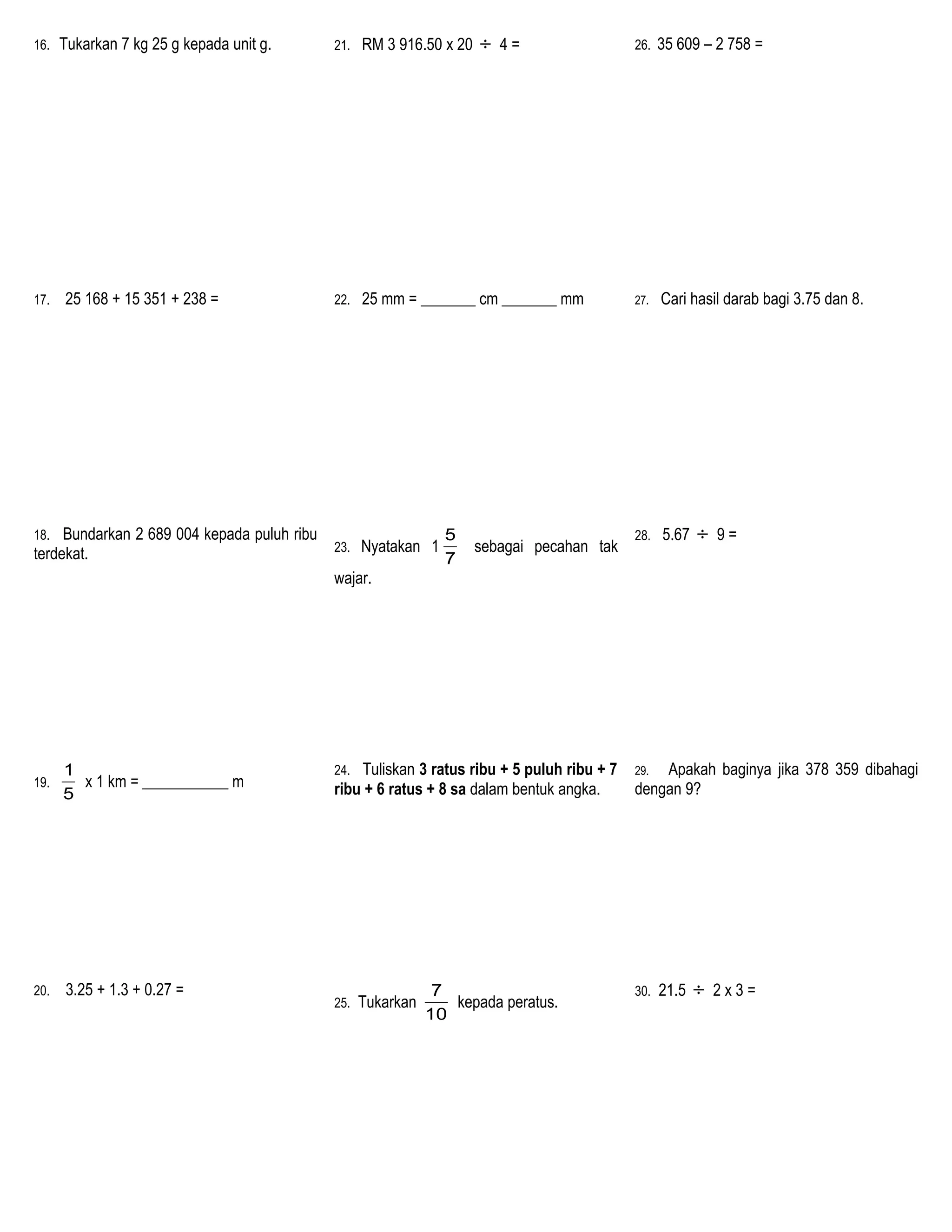 Soalan latihtubi matematik tahun enam | DOC