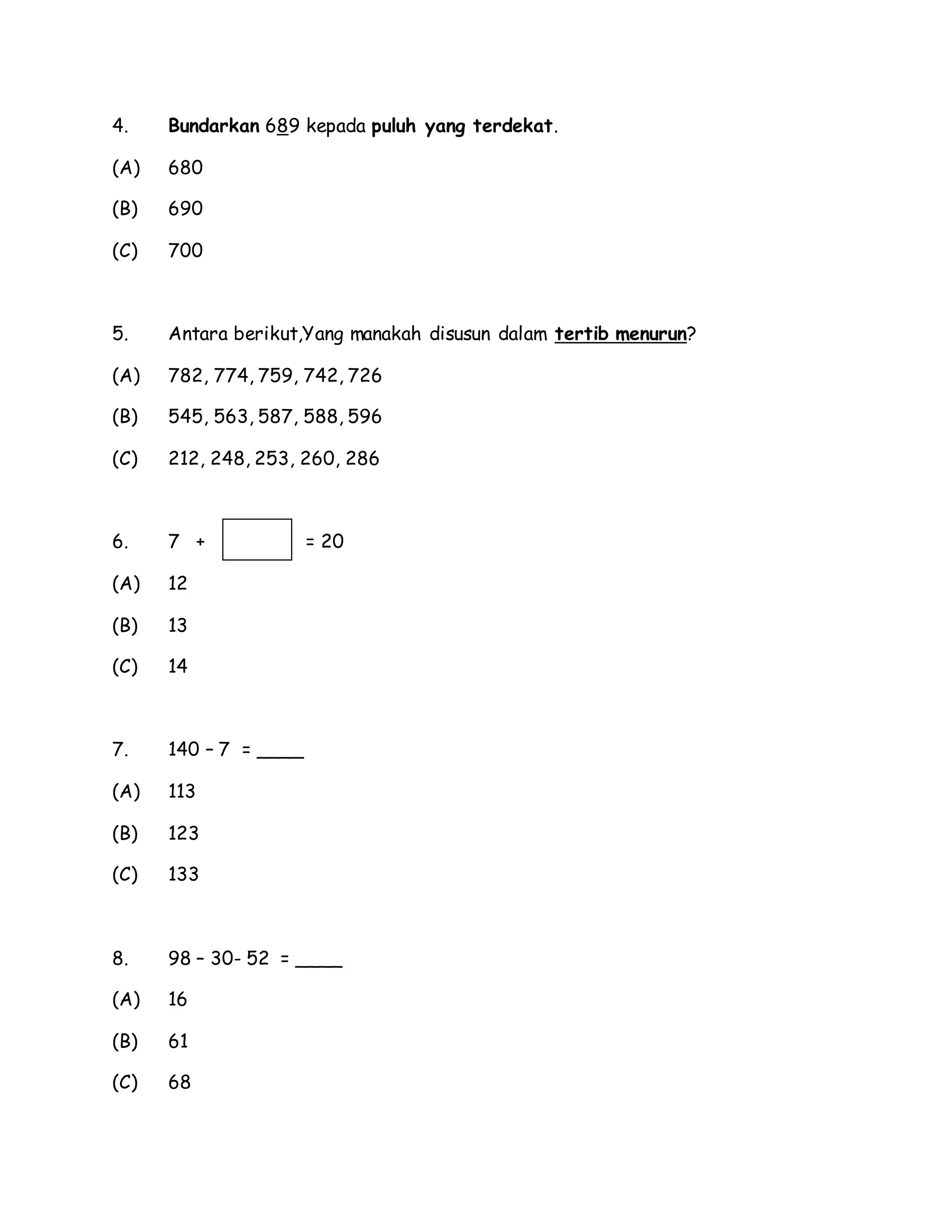 Soalan matematik tahun 2 2014 | DOCX