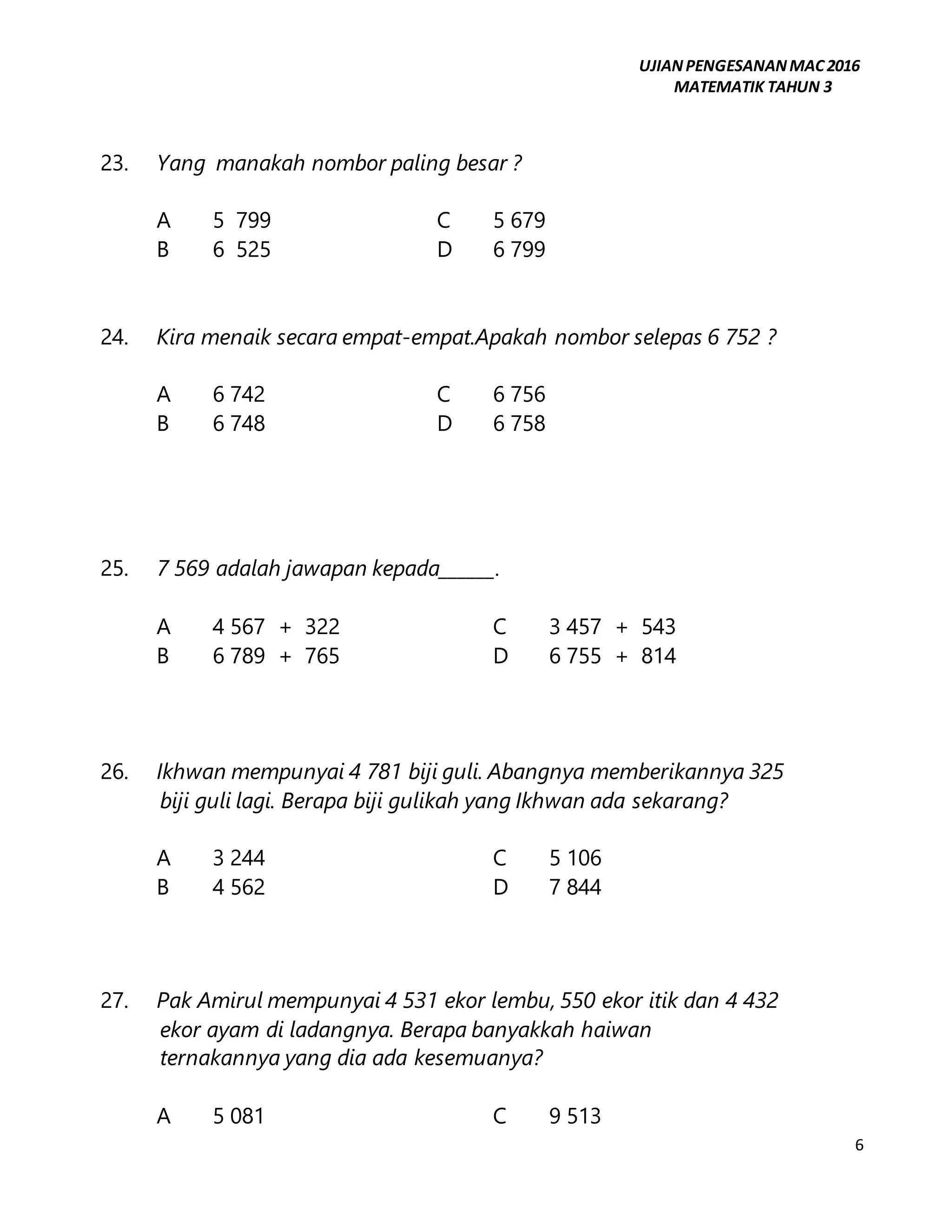 Soalan matematik tahun 3 | DOCX