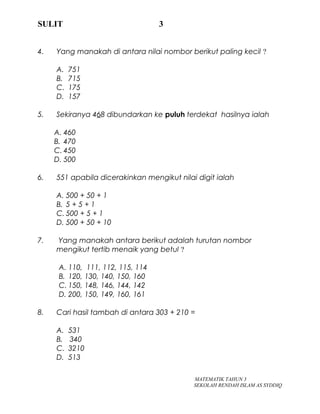 Soalan mate tahun 3 2015 | DOC