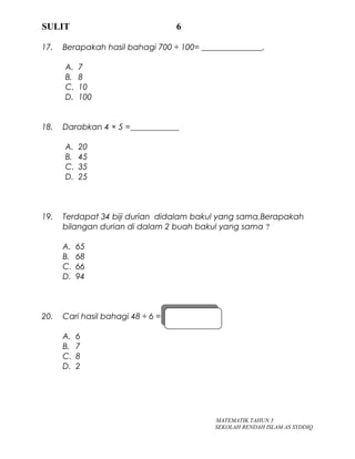 Soalan mate tahun 3 2015 | DOC
